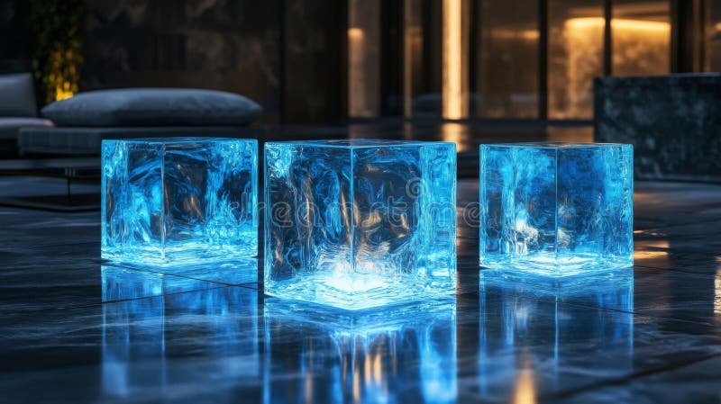 Illuminated Blue Ice Cubes Reflecting on Dark Surface Stock ...