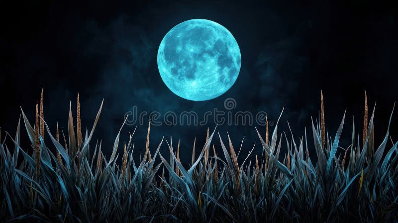Illuminated Blue Moon Over Dark Grass Landscape Under Starry Night Sky ...