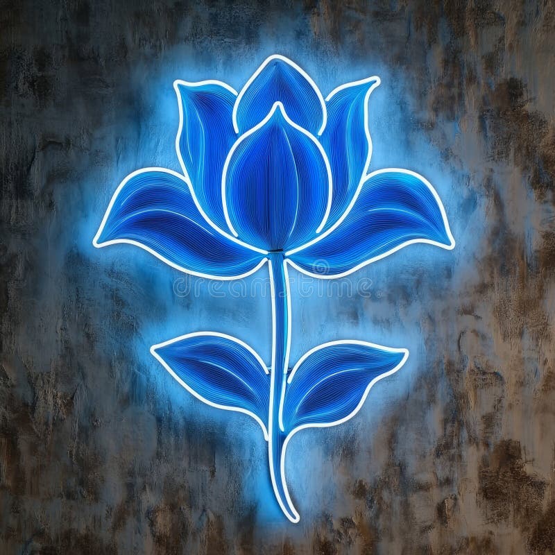 Illuminated Blue Neon Lotus Flower on a Textured Wall. Stock Photo ...