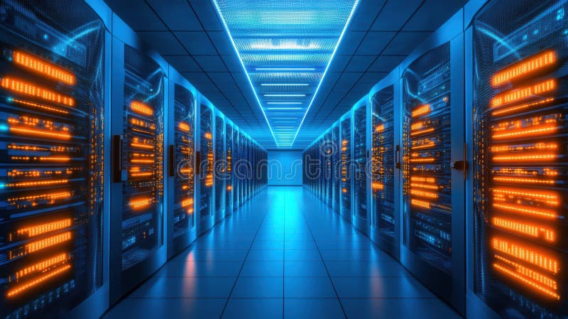 Sleek Server Room Corridor Glowing Blue Orange Lights Stock Photos ...