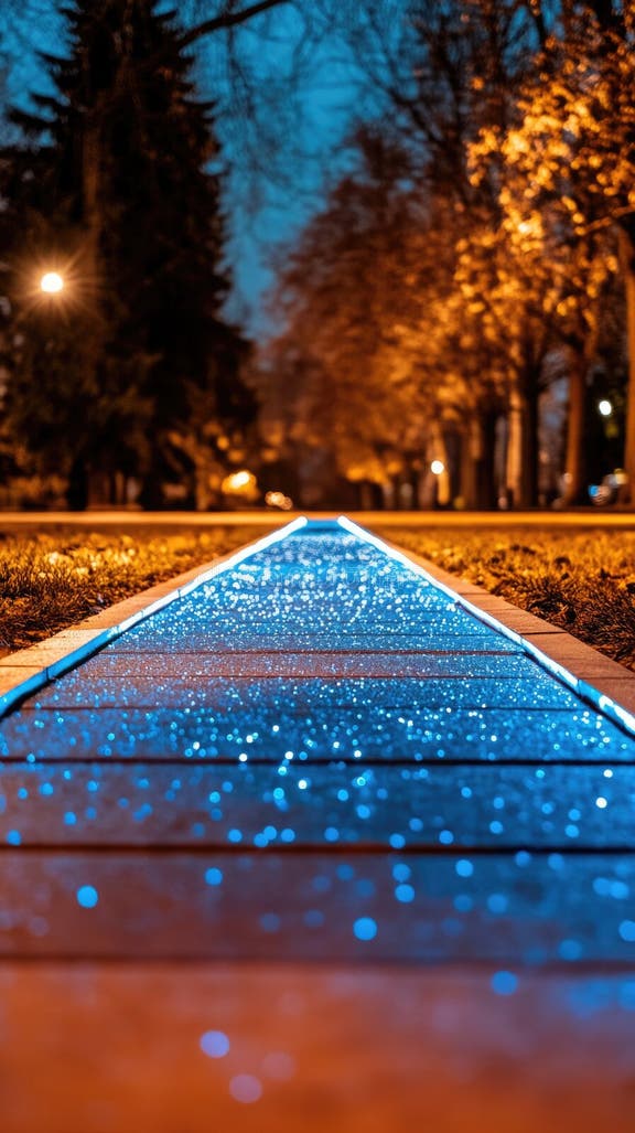 Illuminated Blue Pathway through Park at Night with Glowing Sidewalk ...