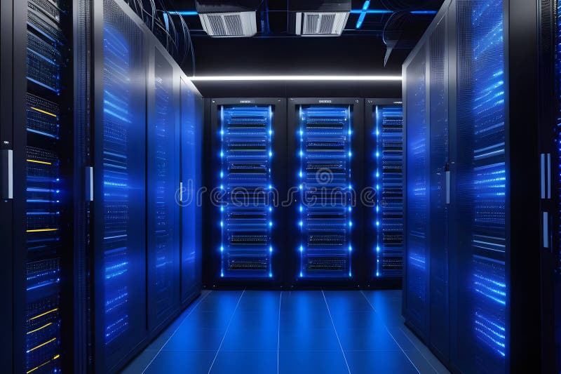 Illuminated Blue Server Racks in Modern Data Center for Internet and ...