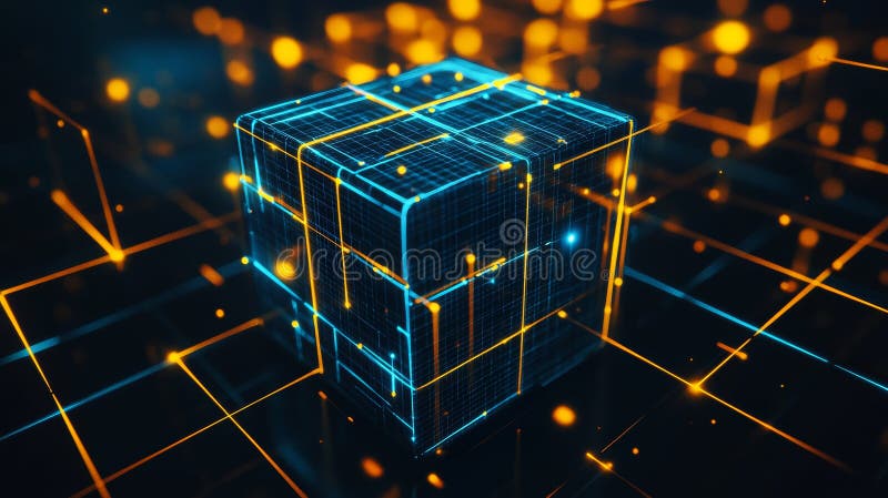 Illuminated Blue and Yellow Cube on Black Background Abstract Geometric ...