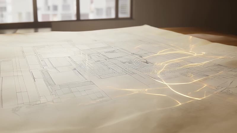 Illuminated Blueprint on Wooden Table Architectural Design for Urban ...