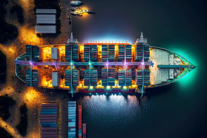 Illuminated by on-board Lights, Cargo Ship Moors at Berth of Seaport ...