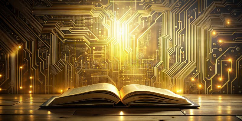 Illuminated Book of Knowledge a Glowing Circuit Board Backdrop ...