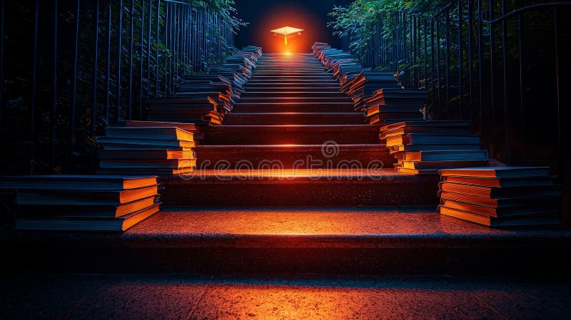 Illuminated Book Staircase Night Path Knowledge Stock Photo - Image of ...