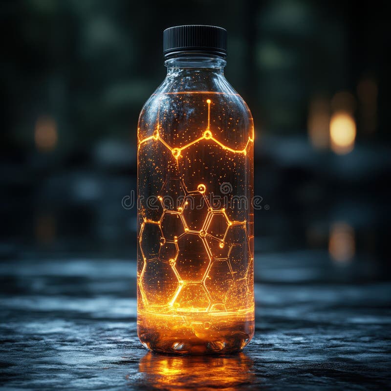 Illuminated Bottle with Molecular Structure Stock Image - Image of ...