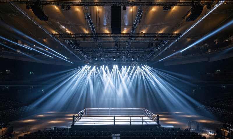 Illuminated Boxing Ring in Empty Arena with Dramatic Lighting Effects ...