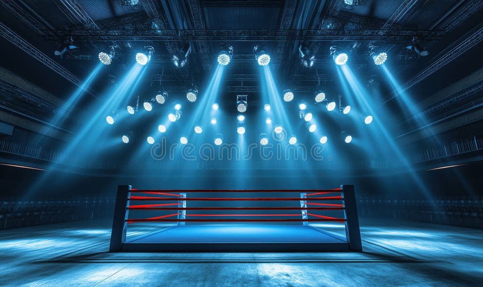 Illuminated Boxing Ring in Empty Arena with Dramatic Lighting Effects ...