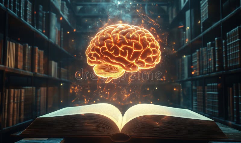 Illuminated Brain Above Open Book in Mystical Library Setting Stock ...