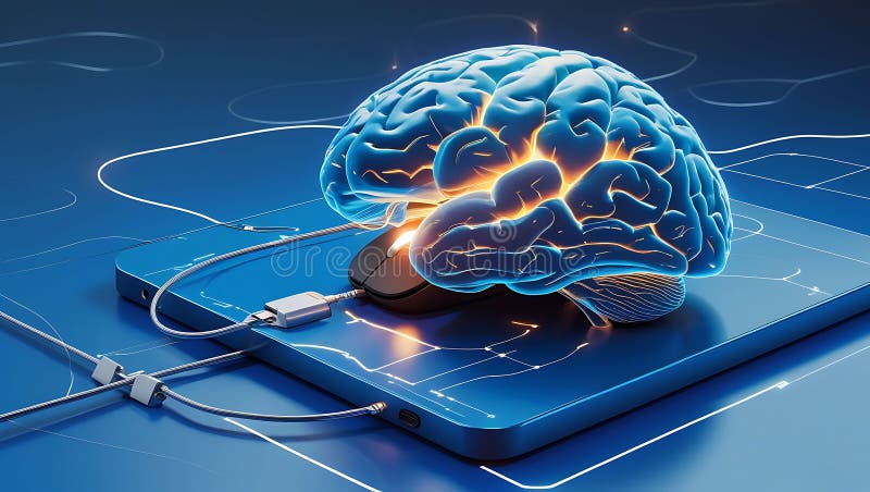 Illuminated Brain on a Blue Tablet with a Mouse and Cables Connecting ...