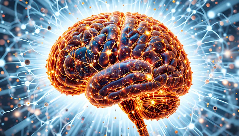 Illuminated Brain with Connected Nodes and Glowing Lines Against a ...