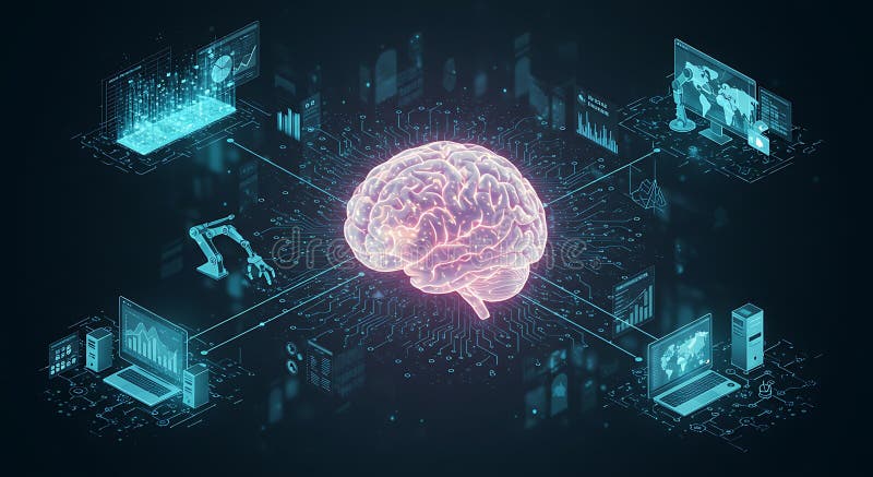 Illuminated Brain Connected To Global Network of Data and Roboti Stock Illustration ...