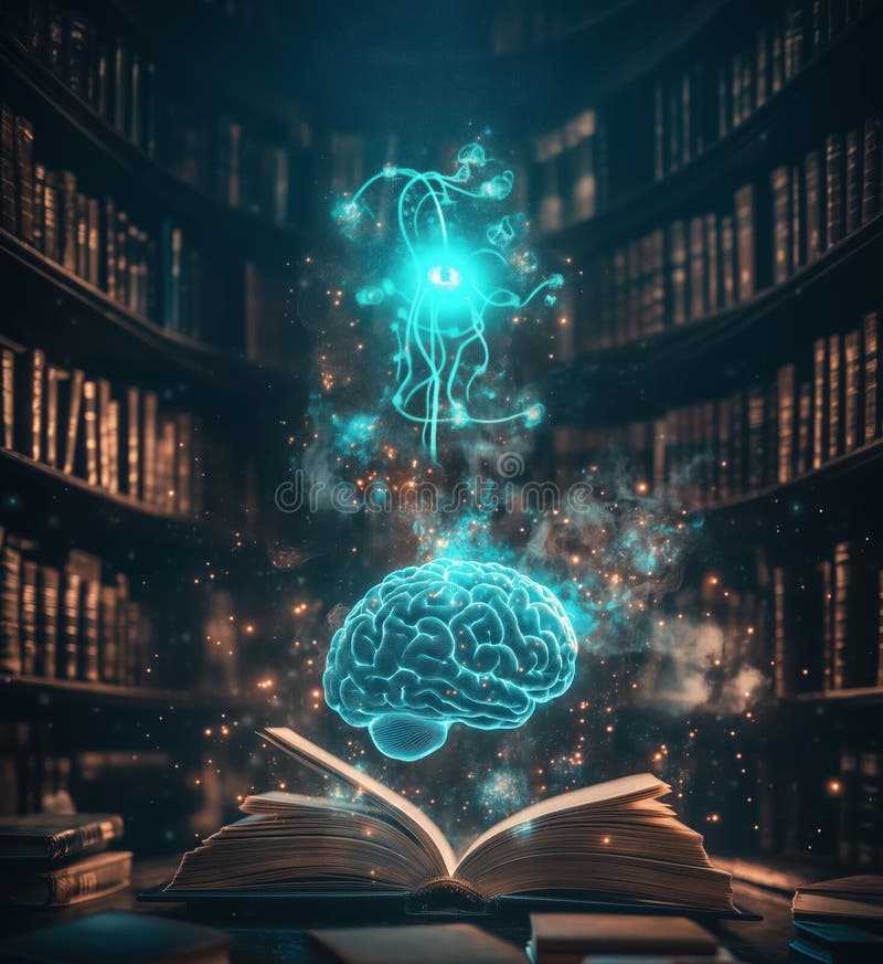Illuminated Brain and Etheric Entity Above Open Book in Enchanted Library Stock Image - Image of ...