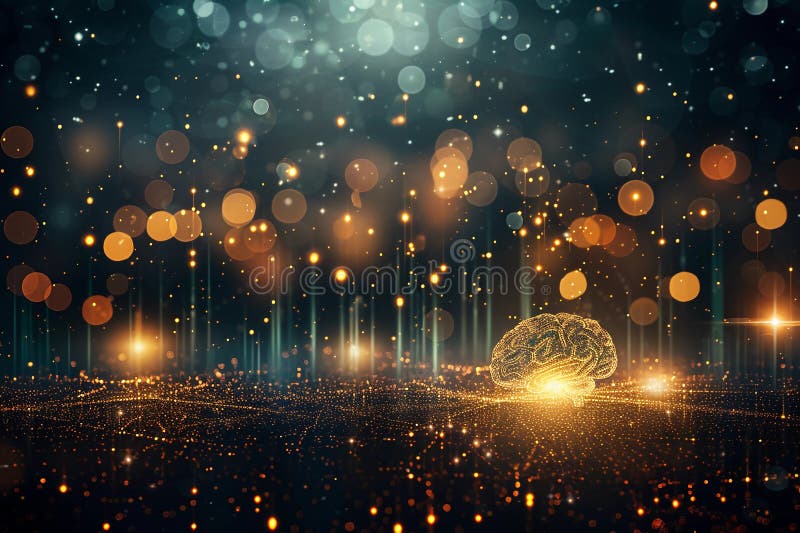 Illuminated Brain with Golden Light Particles on Blurred Bokeh Dark ...