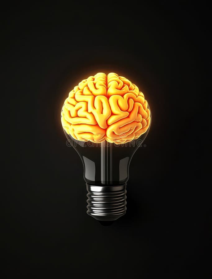 Illuminated Brain Inside Light Bulb Glowing Dark Backdrop Stock Photos ...