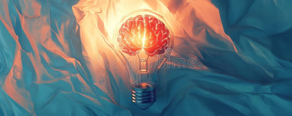 Illuminated Brain Inside a Light Bulb on Textured Paper Backdrop ...