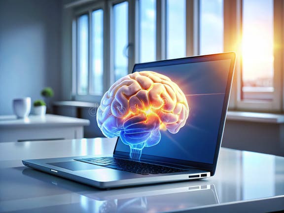 Illuminated Brain on Laptop Screen a Futuristic Vision of Cognitive ...