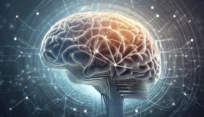 An Illuminated Brain Model with Connecting Network Lines Against a ...