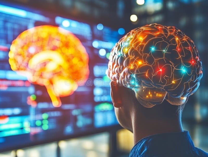 Illuminated Brain Reflecting On A Digital Interface Symbolizing