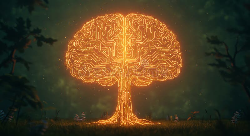 Glowing Brain Tree with Circuit Design in Forest Concept Illustration ...
