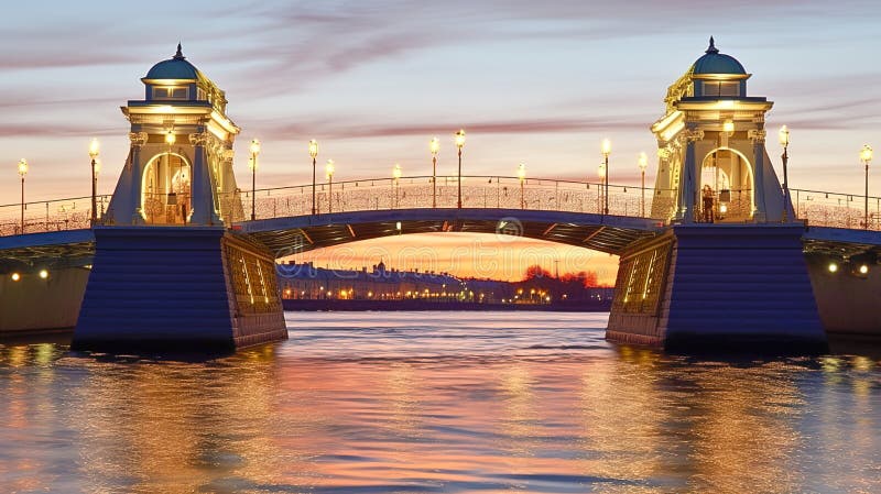 Illuminated Bridge Across the River at Sunset. Generative AI Stock ...