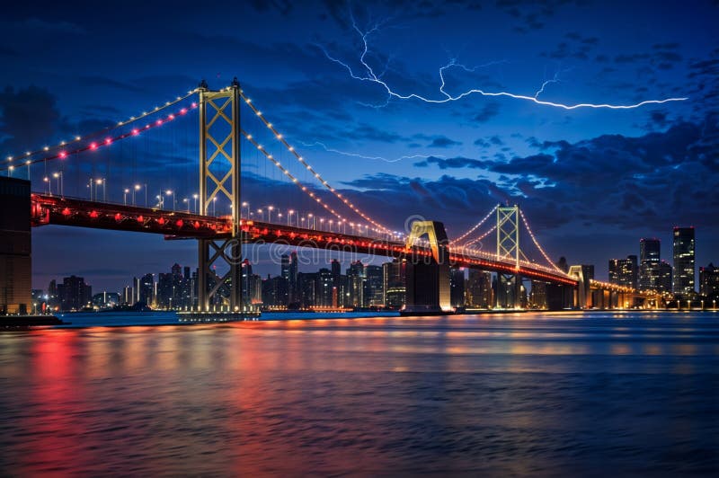 Illuminated Bridge and City Skyline at Night with Dramatic Lightning in ...