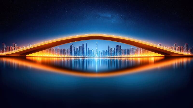 Illuminated Bridge with Cityscape Reflection Stock Illustration ...