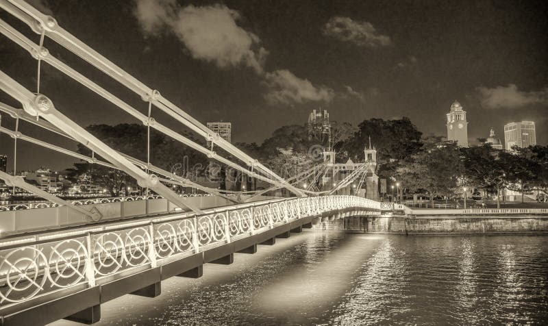 Illuminated Bridge at Night Along Singapore River Editorial Image ...