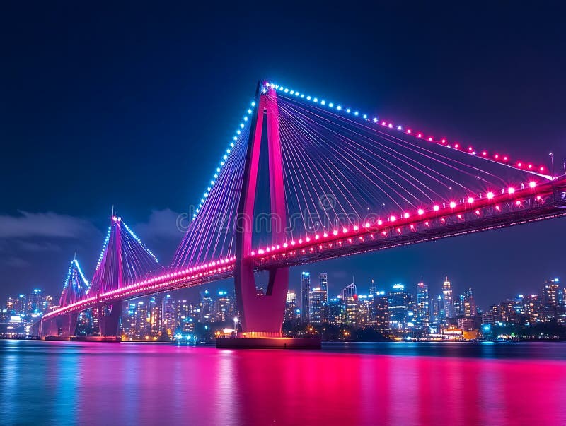 Illuminated Bridge at Night Over a City Skyline Stock Illustration ...