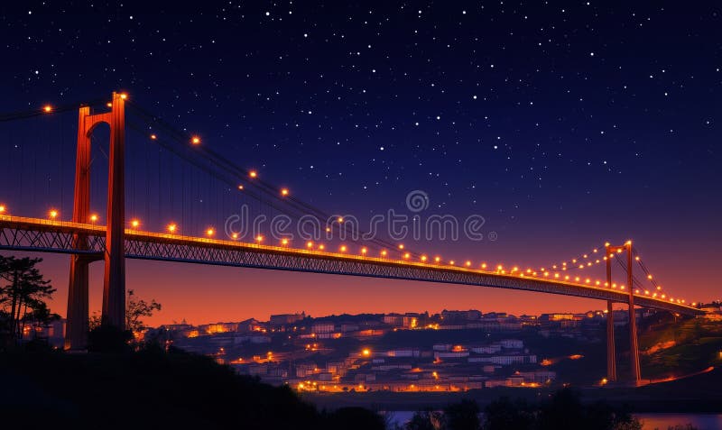 Illuminated Bridge at Night with Starry Sky and Cityscape in Background ...