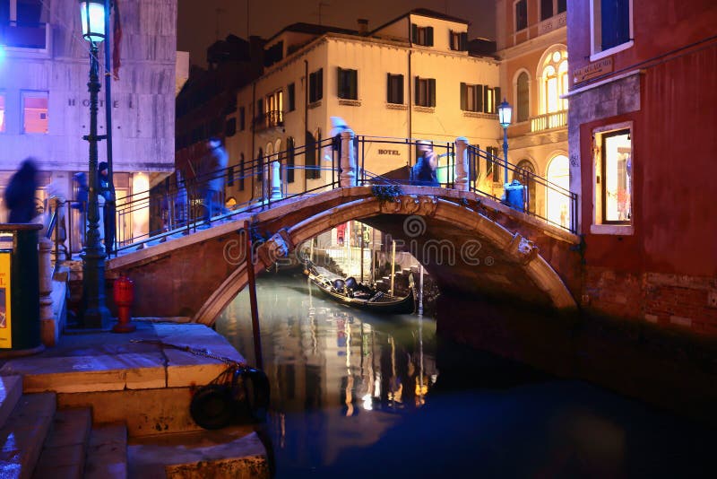 Illuminated Bridge at Night in Venice Editorial Stock Image - Image of ...