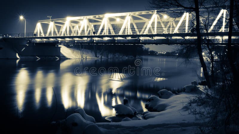 Illuminated Bridge at Night in Winter Stock Image - Image of light ...