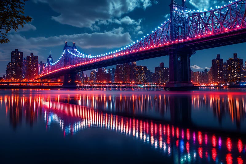 Illuminated Bridge Over City Skyline at Night Stock Illustration ...