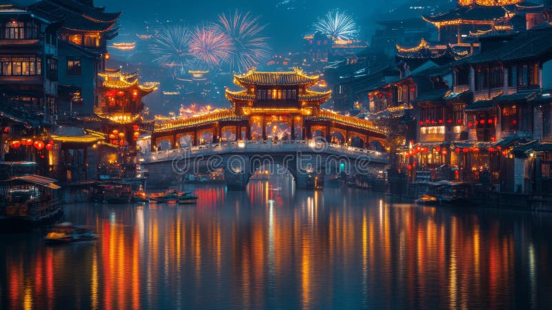 Illuminated Bridge Over Water Festive Night Scene Stock Illustration ...