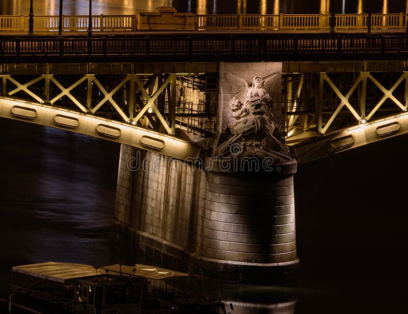 Illuminated Bridge Pillar in the City Stock Image - Image of ...