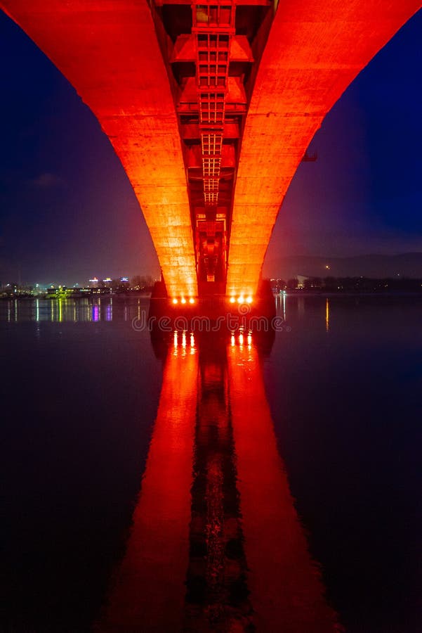 Illuminated Bridge on the River Stock Photo - Image of clothing ...