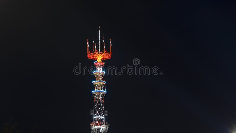 Illuminated Broadcast Tower at Night. Lights on the Night TV Tower ...