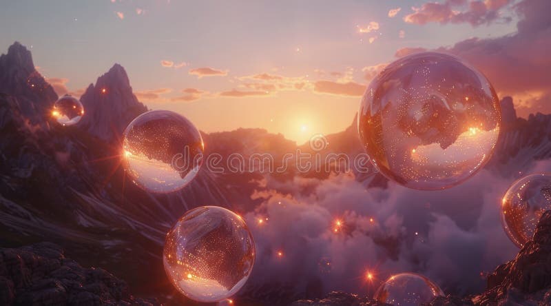 Illuminated Bubbles at Sunset Over Mountain Landscape Stock Photo ...