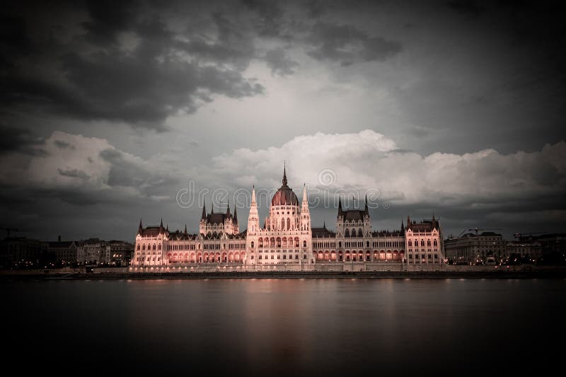 Illuminated Budapest Parliament Building at Night with Dark Sky and ...