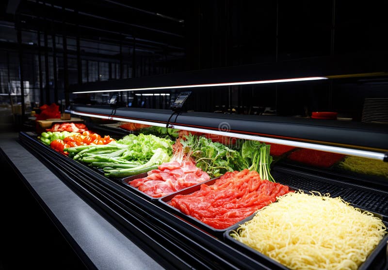 Illuminated Buffet Display Fresh Meat Vegetables High Quality Image ...