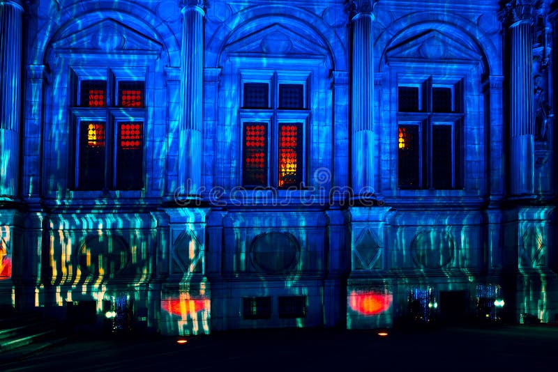 Illuminated Building in Blue Light Stock Image - Image of building ...