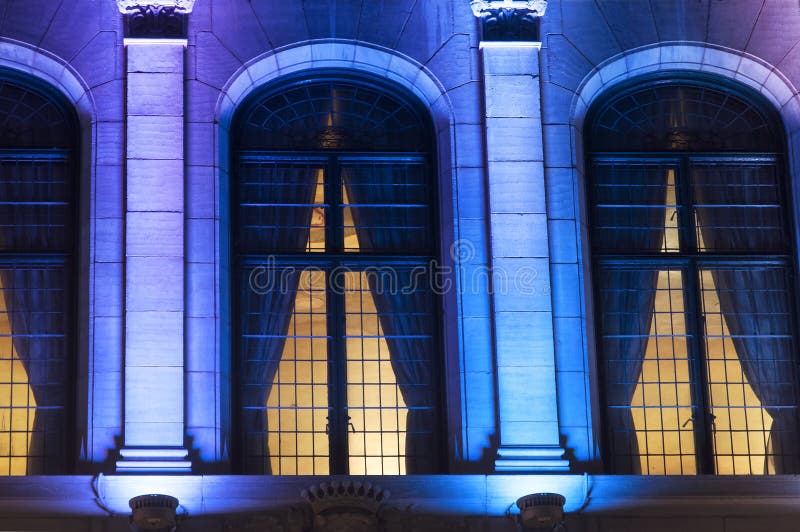 An Illuminated Building Exterior Quebec Canada Stock Photo - Image of ...