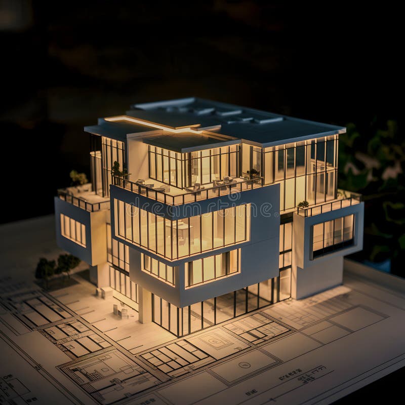 Illuminated Building Model on Blueprint, Glowing Against Dark ...