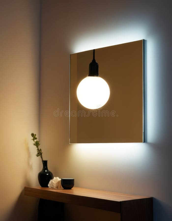 Illuminated Bulb Reflected in Mirror Stock Photo - Image of bulb ...