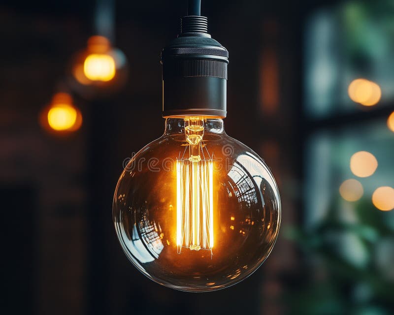 Illuminated Bulb with a Warm Glow in a Dimly Lit Interior Setting ...