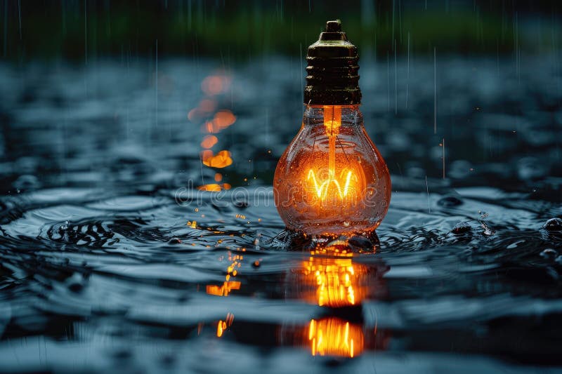 Glowing Light Bulb in Rainy Night Puddle Stock Illustration ...