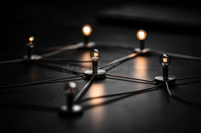 Illuminated Bulbs Connected by Electrical Wires on a Dark Surface Stock ...