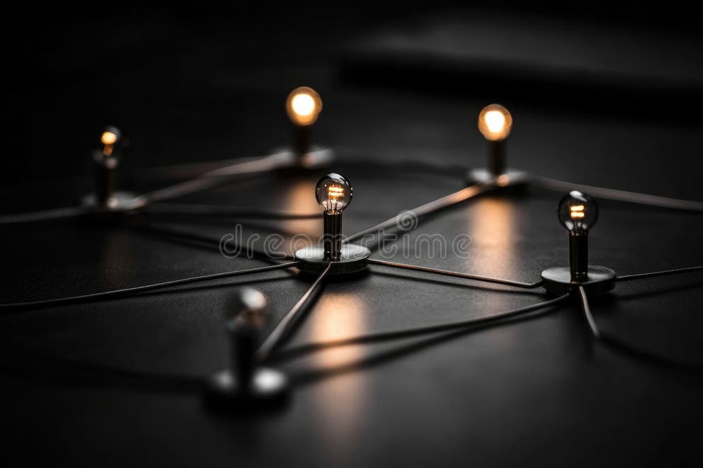 Illuminated Bulbs Connected by Electrical Wires on a Dark Surface Stock ...